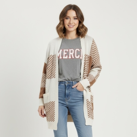 entro | Sweaters | Entro Cream And Brown Cardigan Sweater Sz X | Poshmark